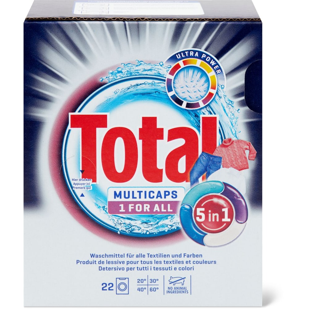 Total 1 for all · Capsule detergent · 22 wash cycles • Migros