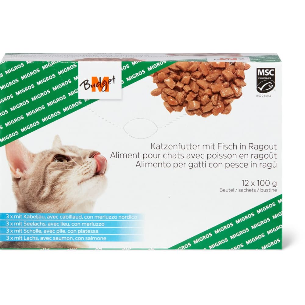 M-Budget · Häppchen in Ragout · Kabeljau, Seelachs, Scholle, Lachs • Migros