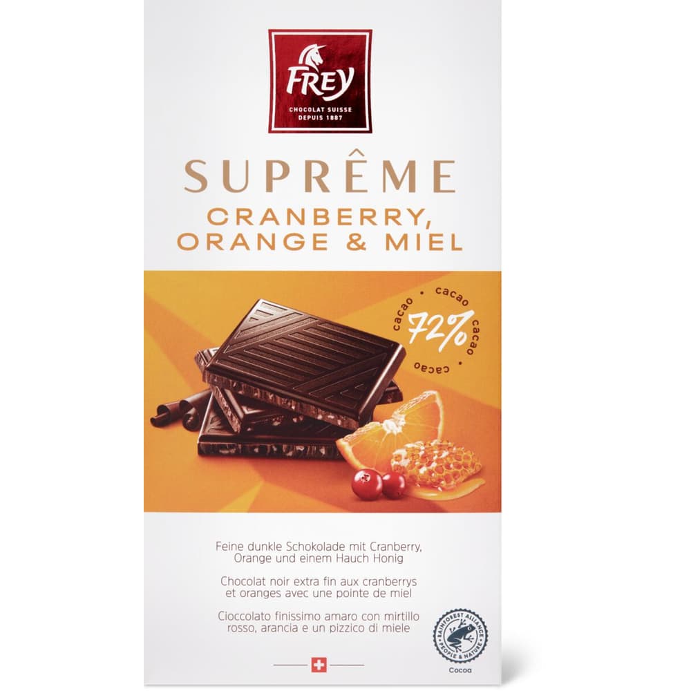 Frey Suprême Chocolate bar Cranberry, orange & honey 72% cocoa • Migros