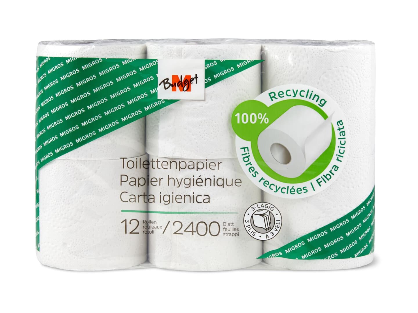 Achat M-Budget · Papier hygiénique · 3 plis, 100% fibres recyclées • Migros