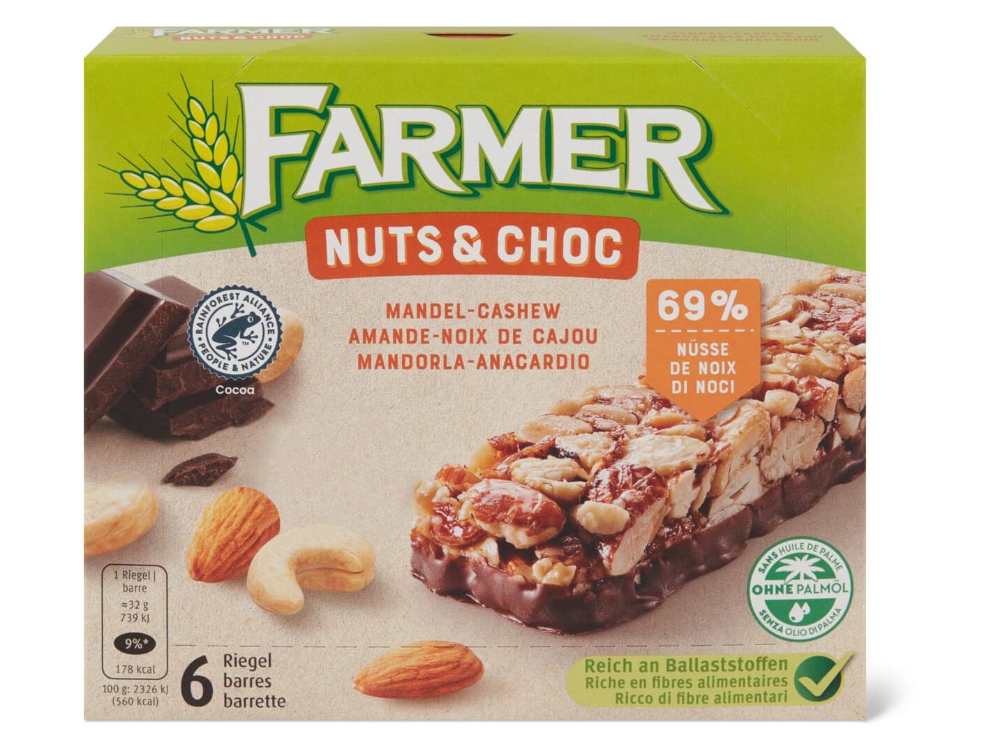 Achat Farmer Nuts & Choc · Barre chocolat, amande et noix de cajou • Migros