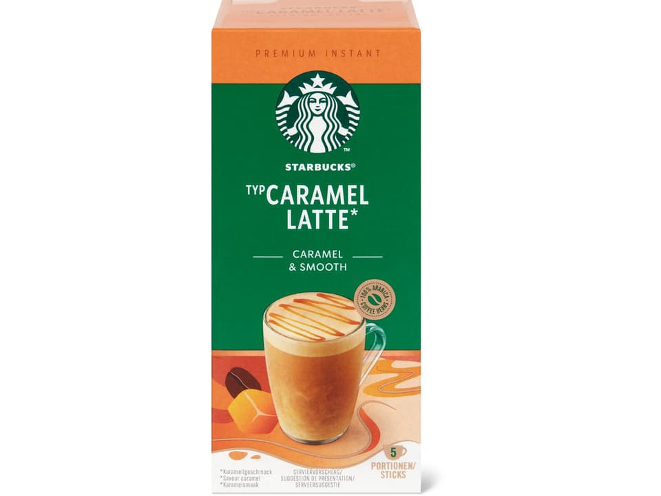 Starbucks · café soluble premium · caramel latte • Migros