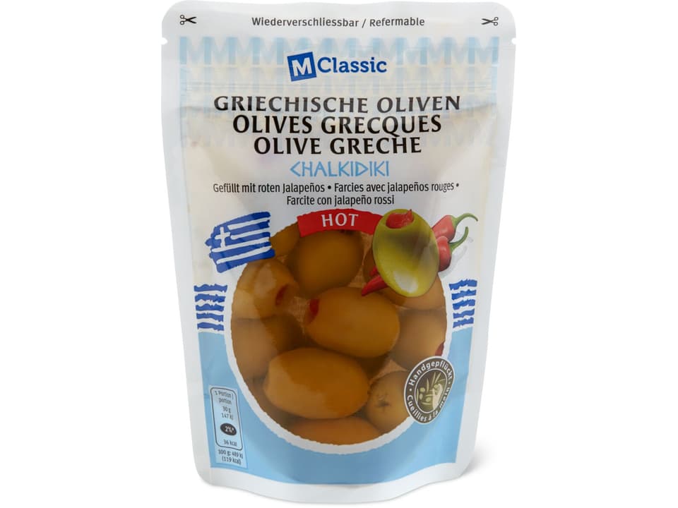 Kaufen M-Classic · Griechische Oliven · gefüllt mit roten Jalapeños • Migros